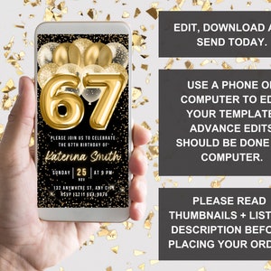 67th Birthday Digital Invitation, Electronic Birthday Party Invite ...
