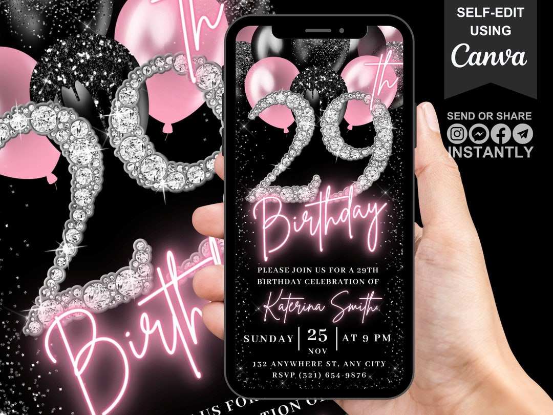 Digital 29th Birthday Invitation, Blush Pink Girls 29 Balloon Diamond ...