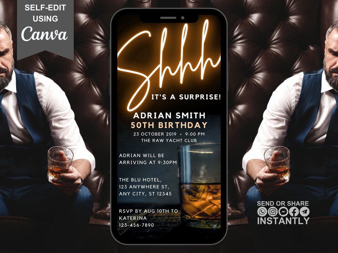 Men's 50th Shh It's A Surprise Birthday Digital Invitation, Electronic ...