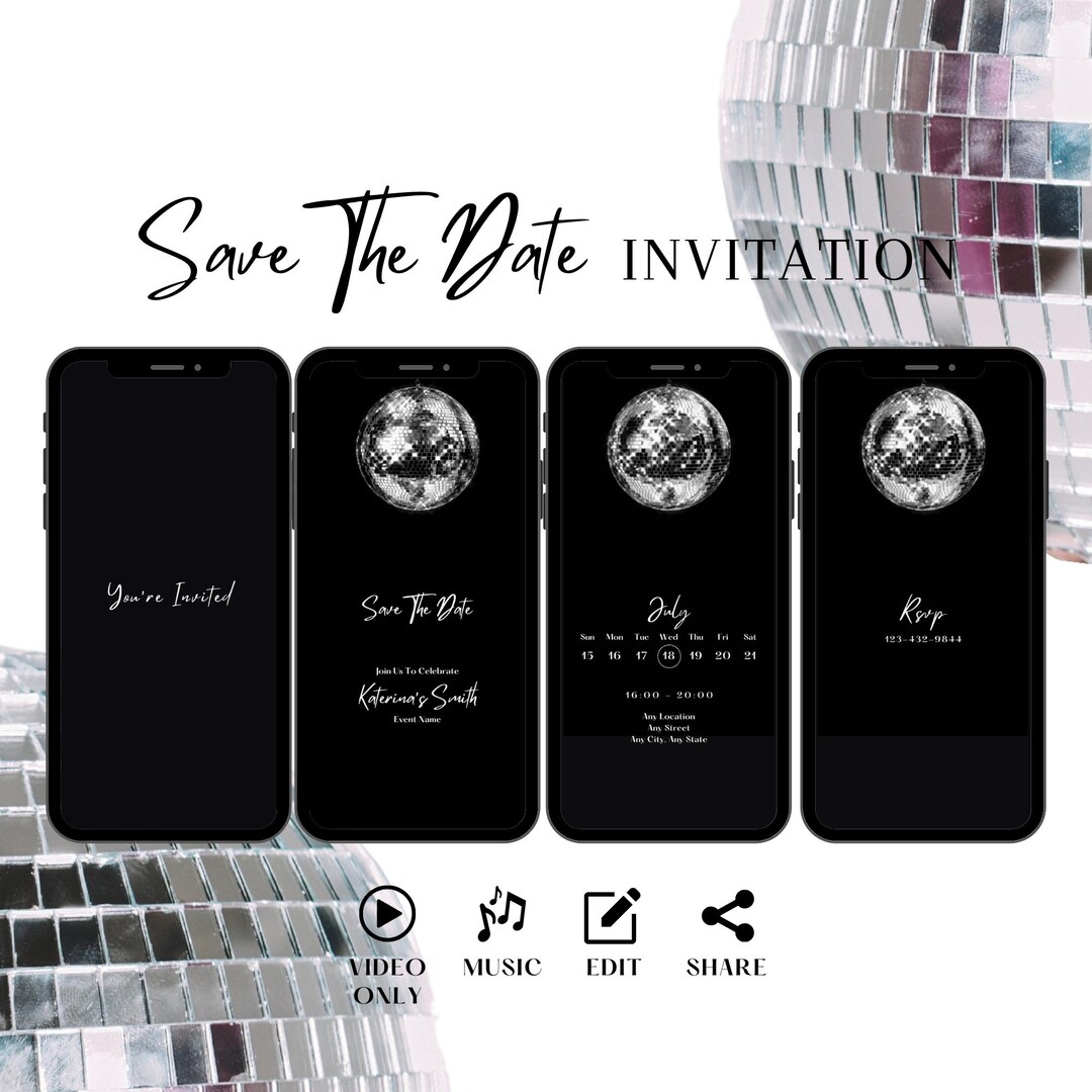 Minimalist Save the Date Disco Ball Invitation, Elegant Animated ...