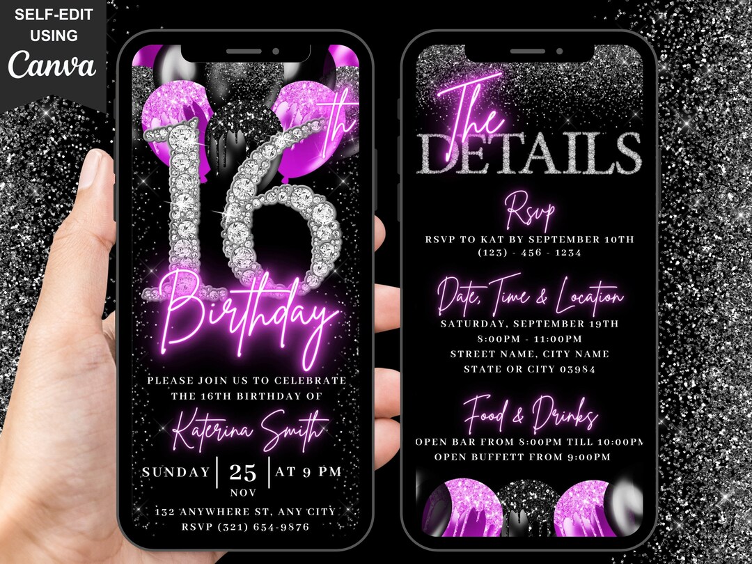 Sweet 16th Birthday Digital Invitation, Animated Sweet 16 Dinner Party ...
