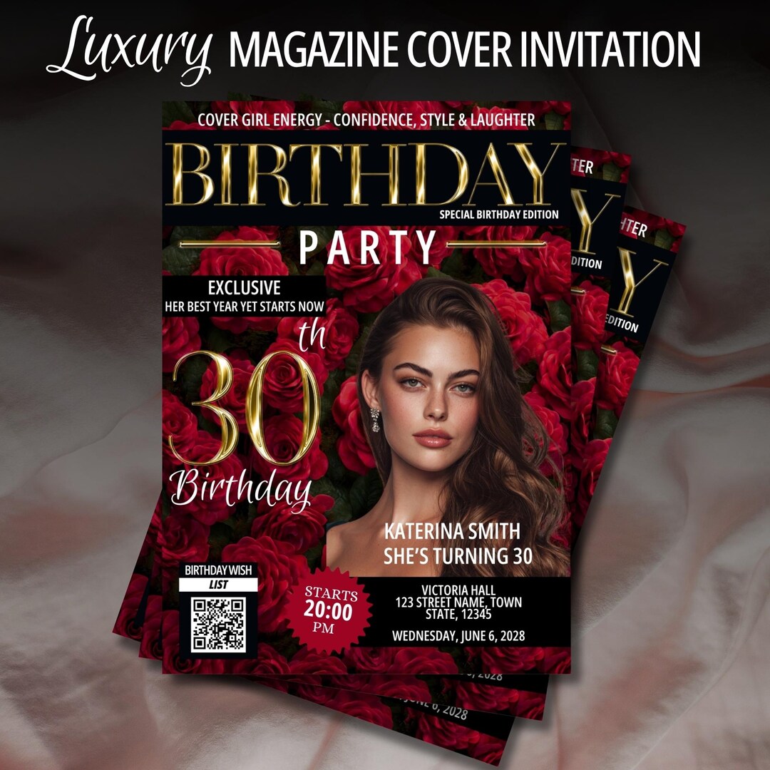 30th Birthday Magazine Cover Invitation, Digital Evite for Women, Gold ...