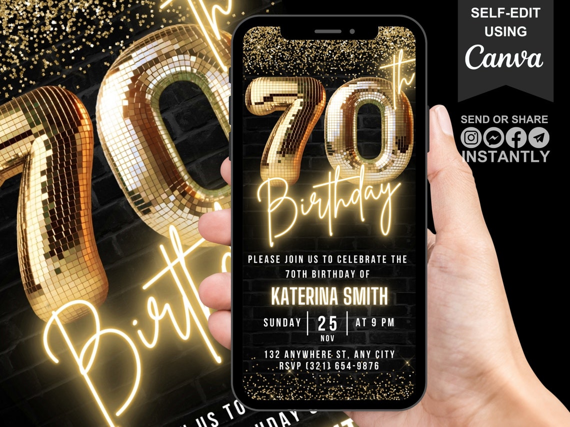 Digital 70th Birthday Invitation for Her, 70th Video Invite Ecard ...