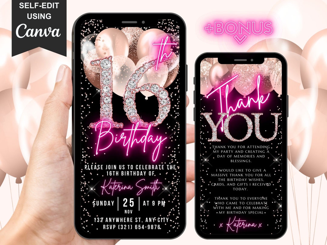 Digital Sweet 16 Birthday Invitation, Animated 16th Party Invite, Cute ...