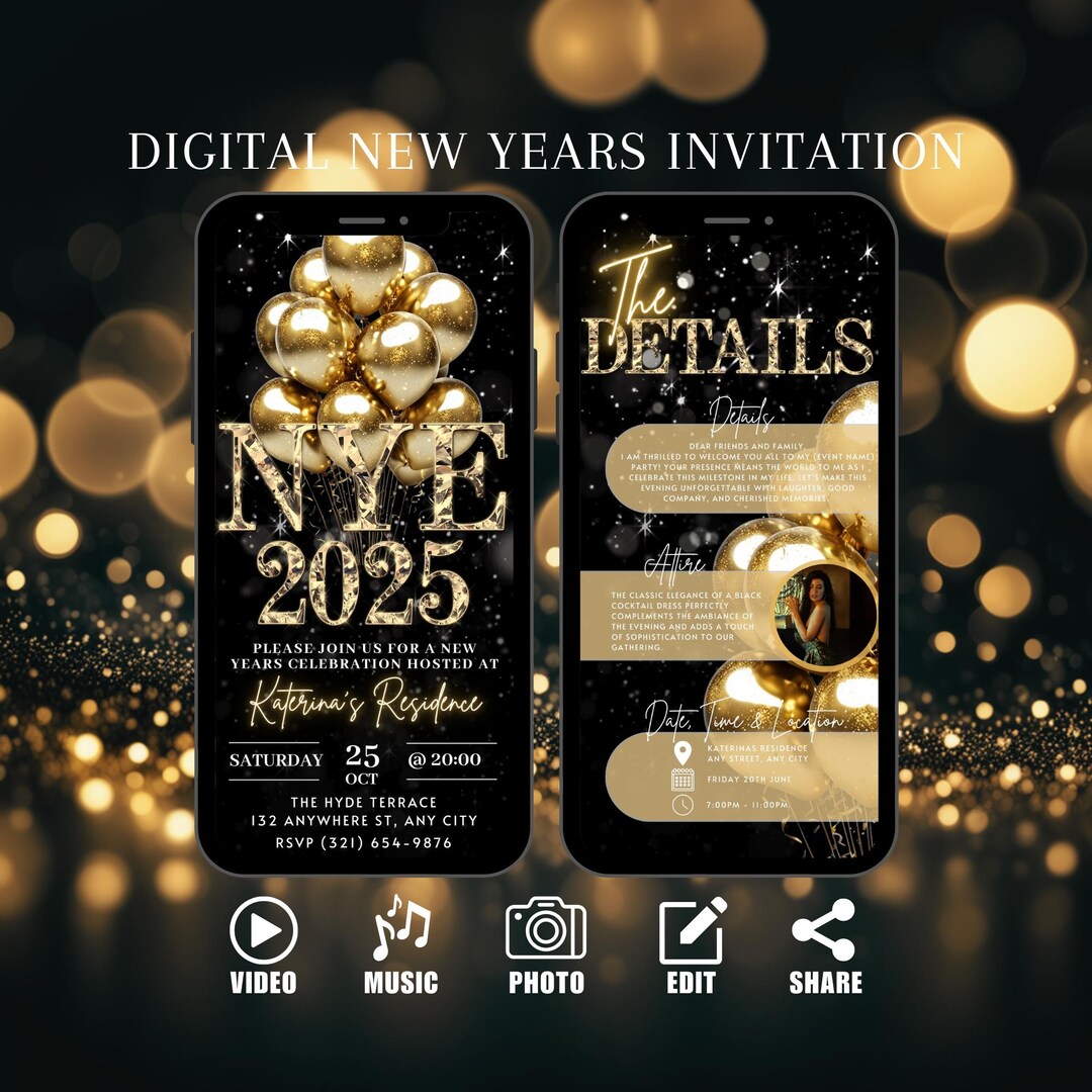 Digital NYE 2025 Invitation, Animated New Years Eve Party Invite, Gold ...