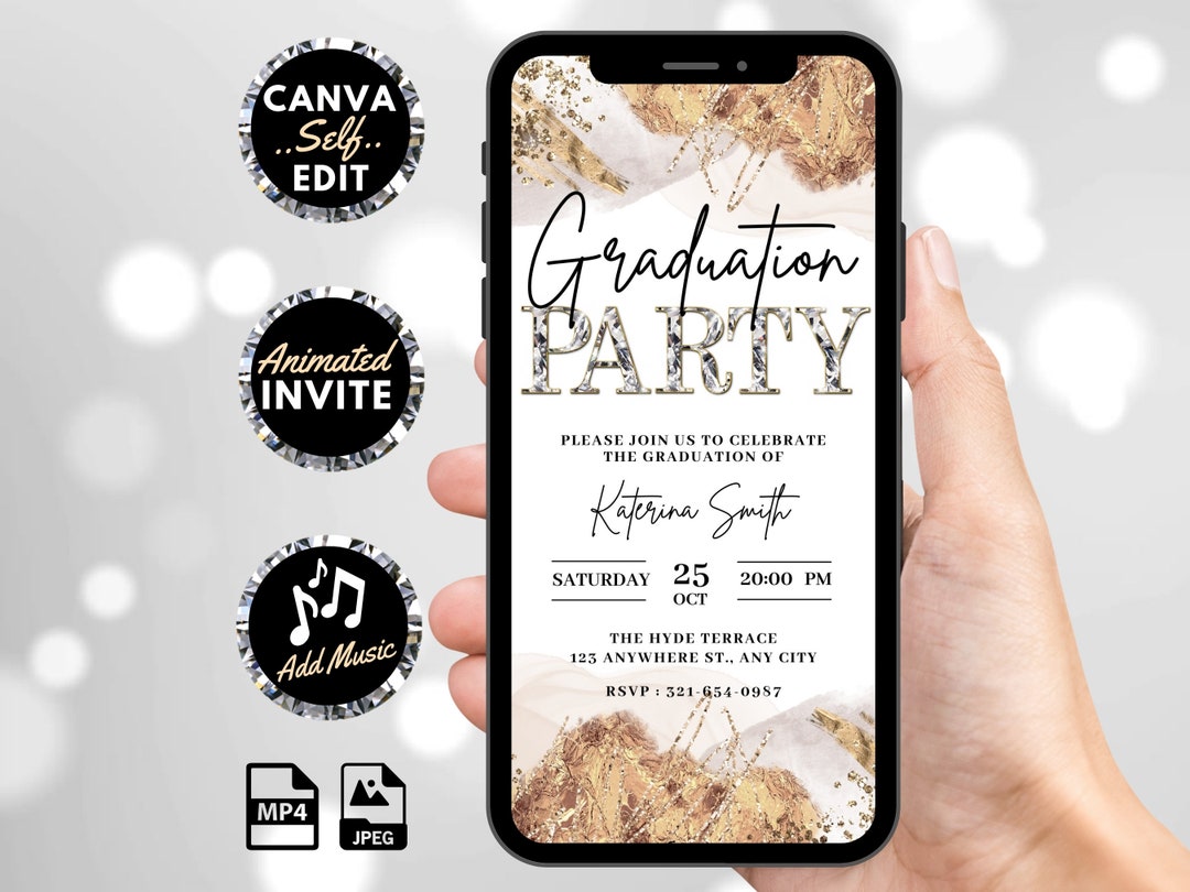 Digital Graduation Party Invitation, Animated Womens White Gold College ...
