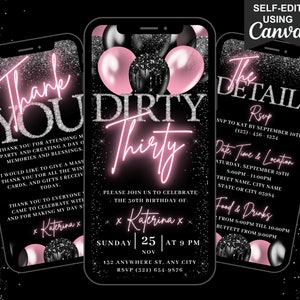 Digital Dirty 30 Birthday Invitation for Women, Thirty and Dirty Animated Blush Pink Party ...