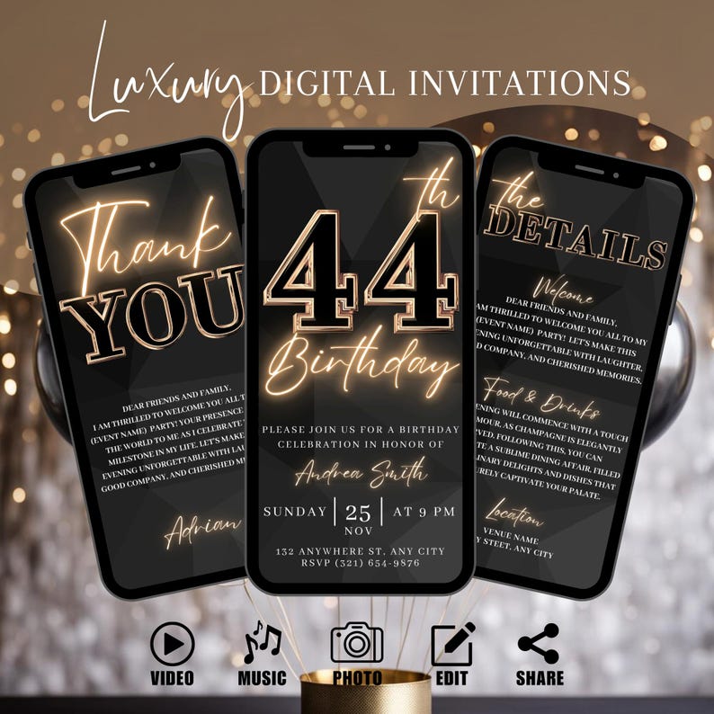 Digital 44th Birthday Party Invitation, Animated Black Gold Dinner ...
