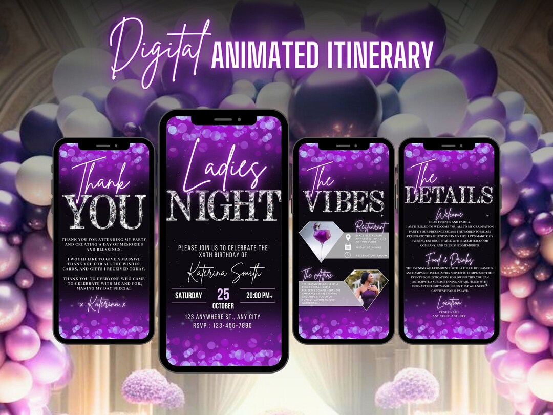 Digital Ladies Night Out Invitation, Animated Purple Birthday Invite ...