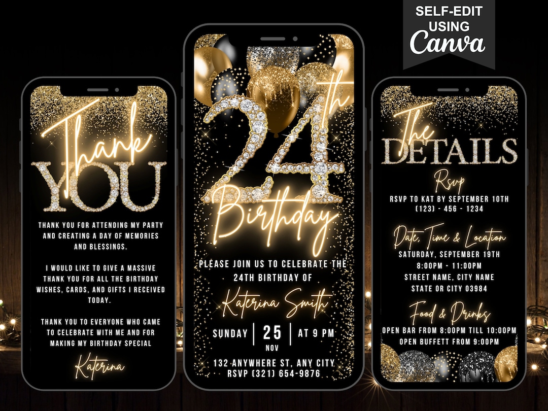 Digital 24th Birthday Invitation, 24 Invite, Animated Black Gold ...