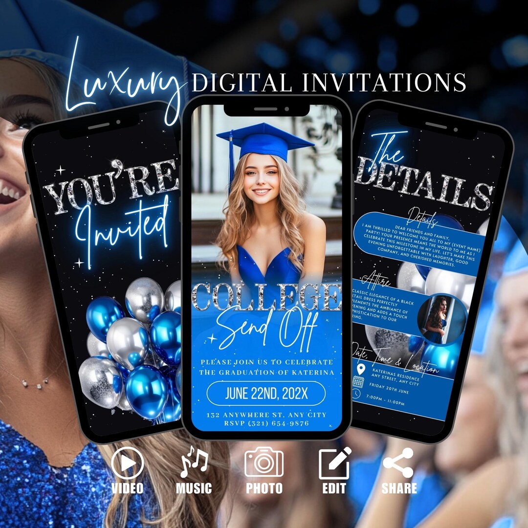 Digital Blue College Send off Invitation, Graduation Trunk Party Invite ...