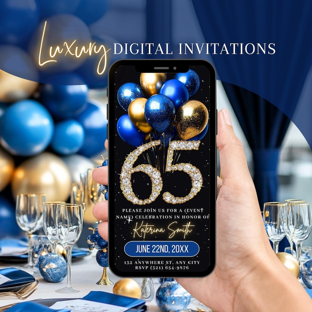 Digital 65th Birthday Invitation, Animated Blue Gold Surprise Invite ...