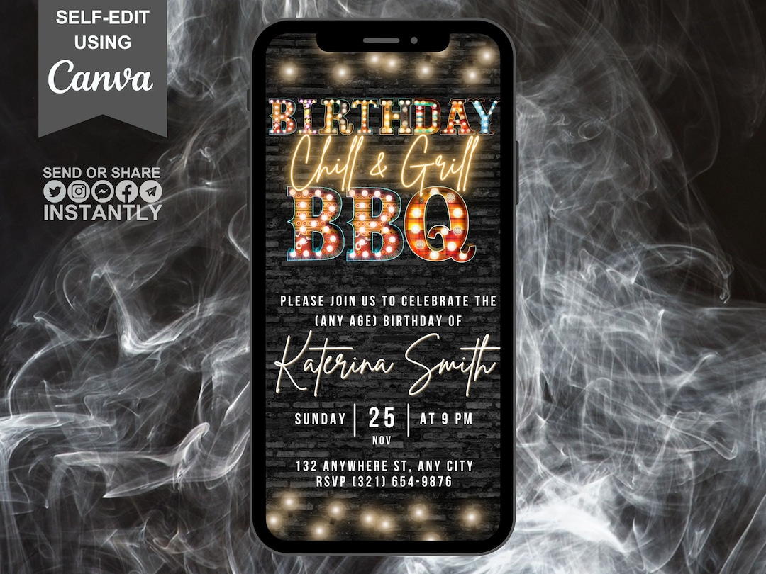 Digital Chill & Grill BBQ Birthday Party Invitation, Electronic Phone ...