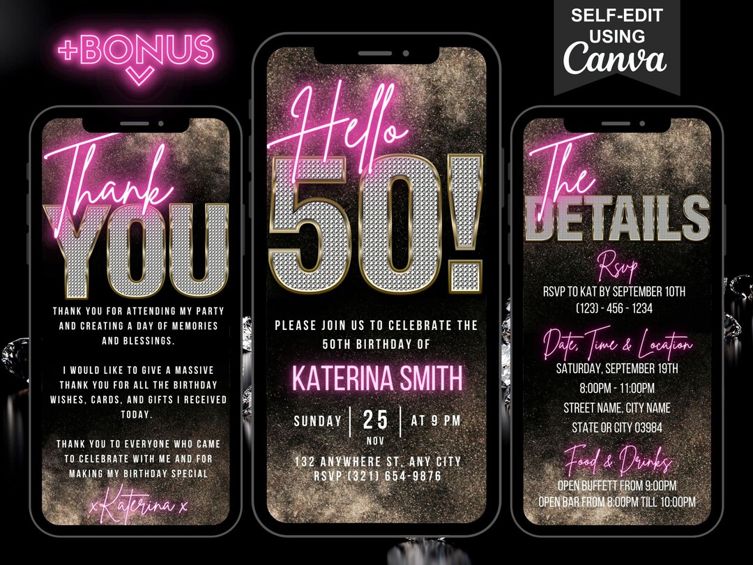 Digital Hello 50 Birthday Invitation, Animated 50th Party Invite, Bling ...