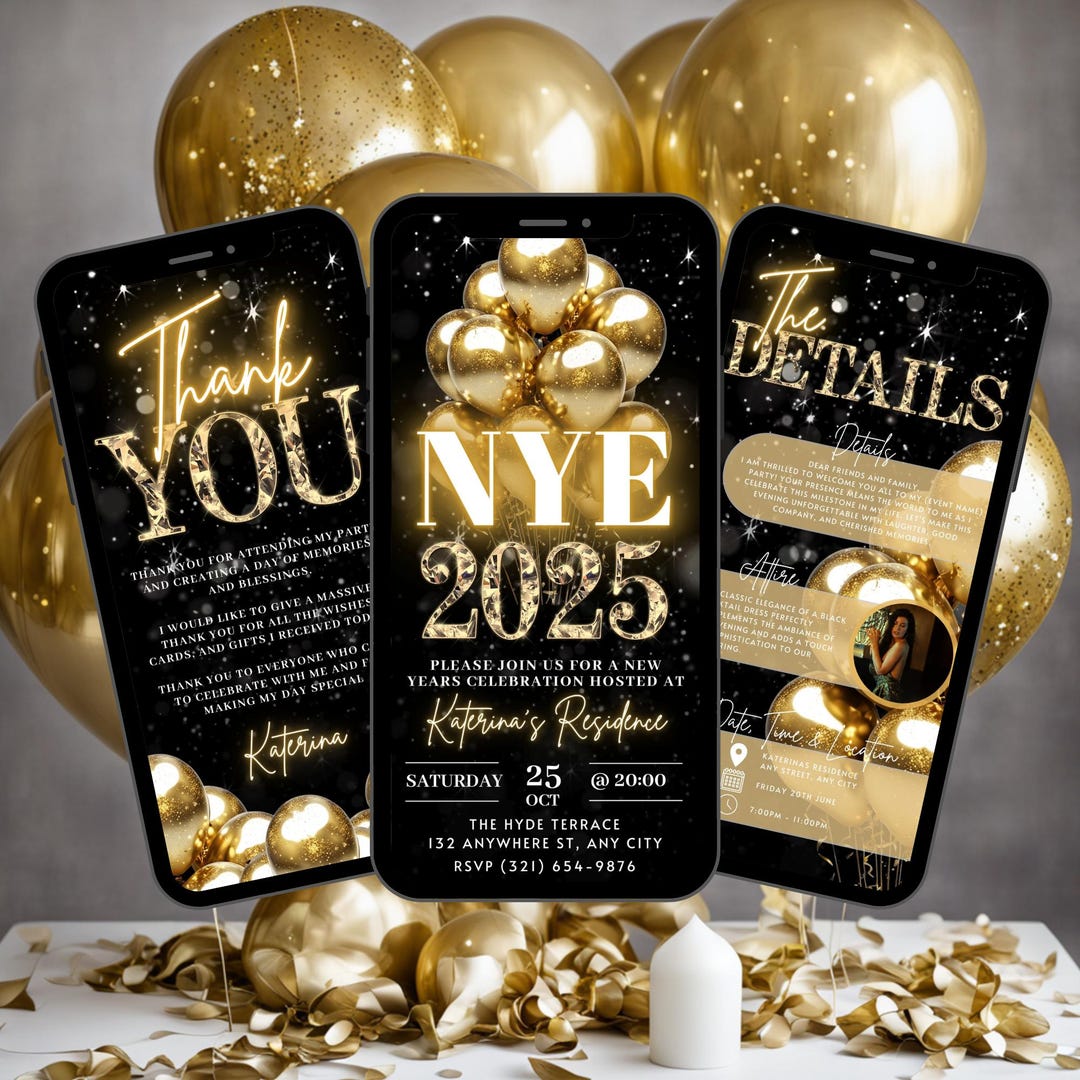 Digital NYE 2025 Invitation, Animated New Years Eve Party Invite, Gold ...