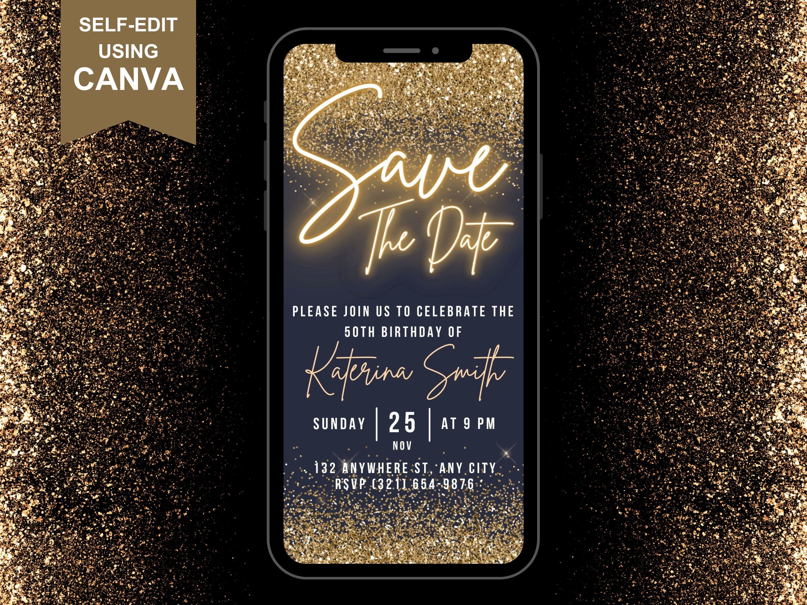 Digital Save the Date Party Invitation, Gold Glitter Neon Font ...