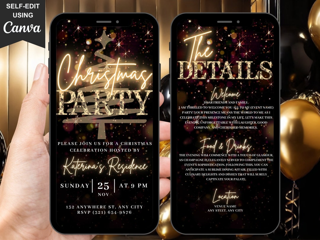Digital Christmas Party Invitation, Animated Gold Xmas Holiday DIY ...