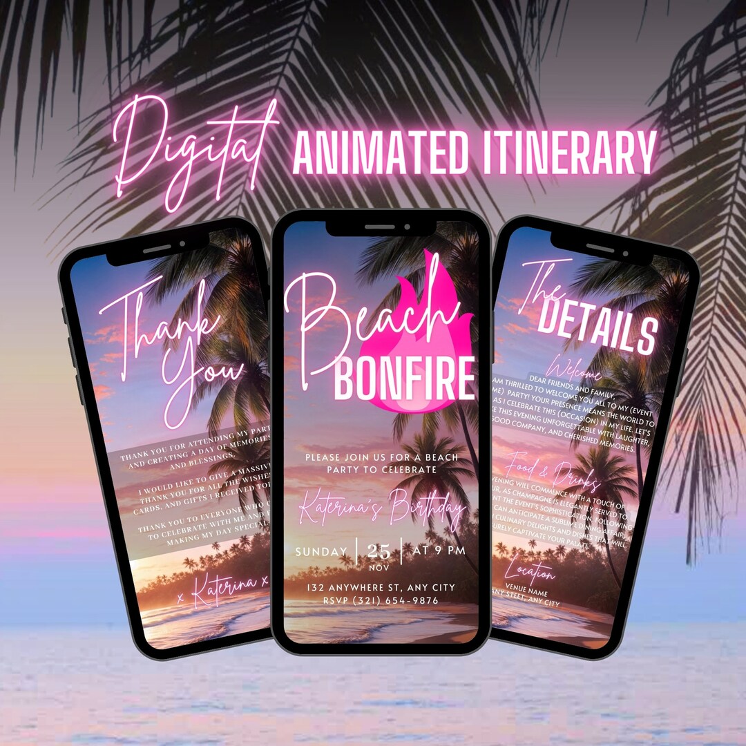 Digital Beach Bonfire Party Invitation, Animated Tropical Invite, Pink ...