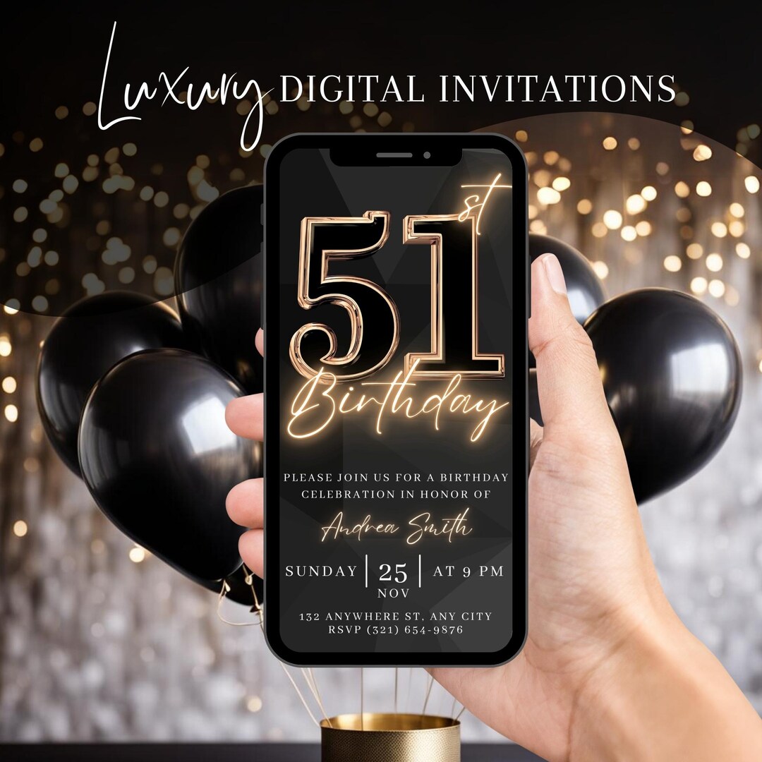 51st Birthday Party Invitation, Digital Black Gold Dinner Invite for ...