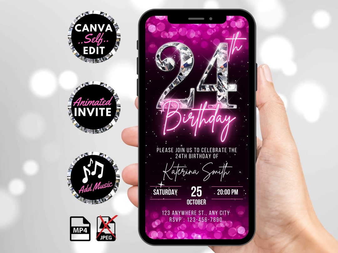 Digital 24th Birthday Invitation, Animated Hot Pink Ladies Dinner Party ...