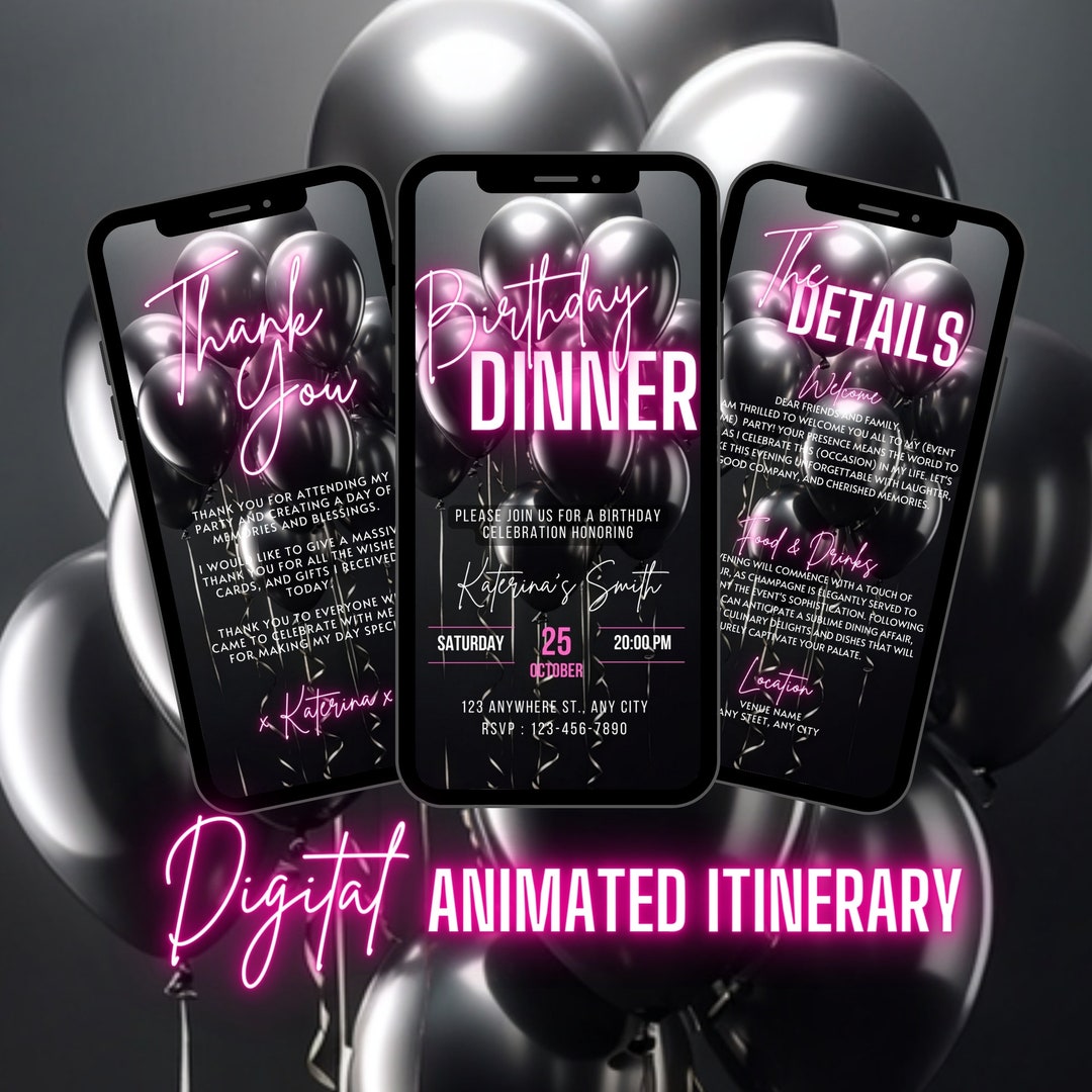 Digital Birthday Dinner Invitation, Animated Black Silver Girls Invite ...