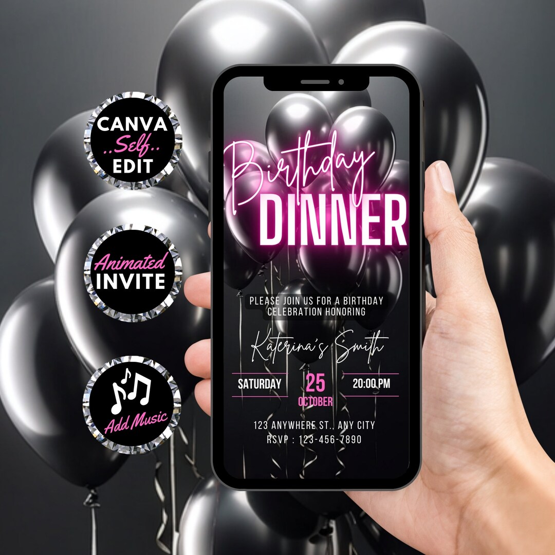Digital Birthday Dinner Invitation, Animated Black Silver Girls Invite ...