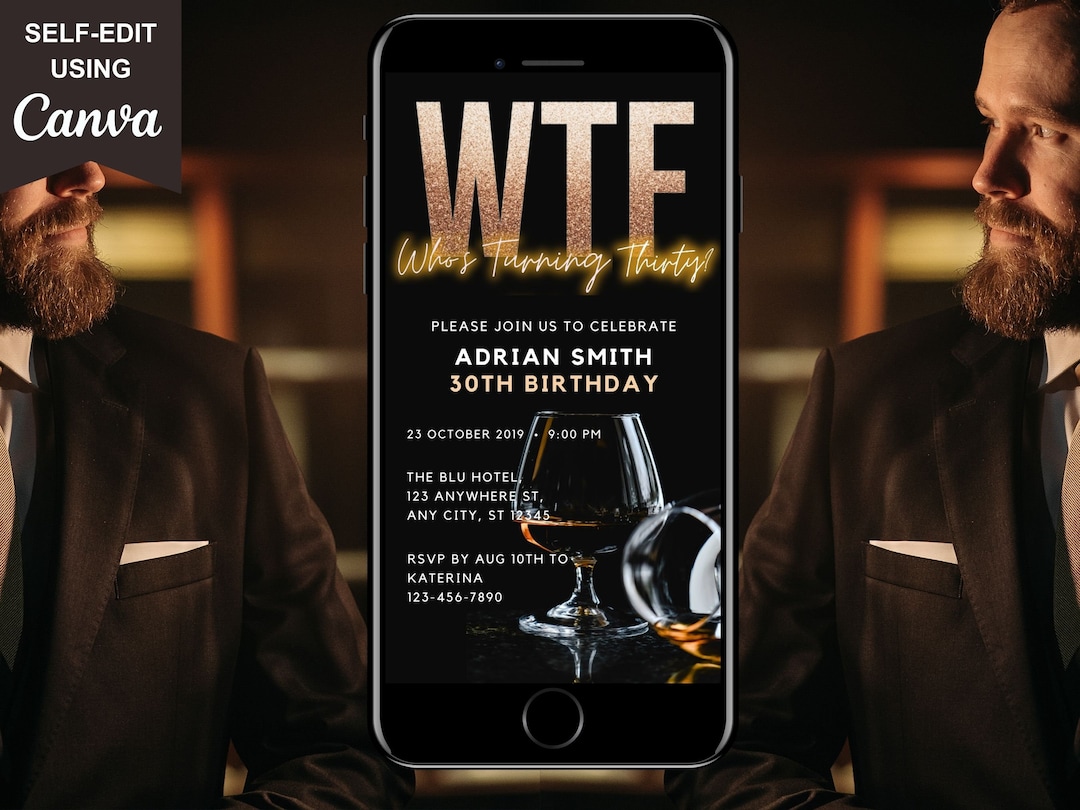 Digital WTF 30th Birthday Invitation, Animated Mens Whiskey Themed ...