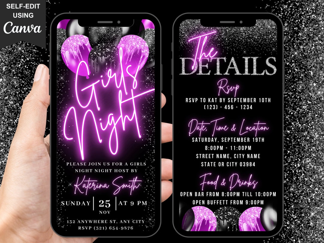 Digital Girls Night Birthday Party Invitation, Womens Animated Phone ...