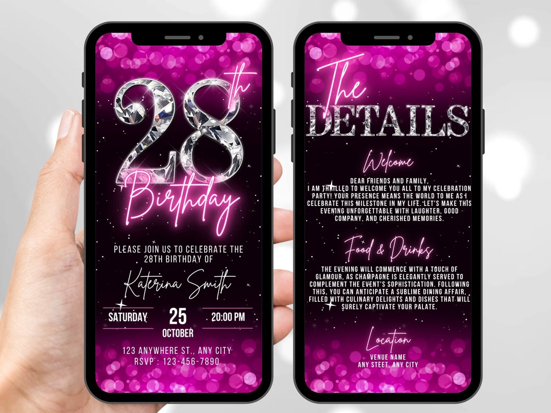 Digital 28th Birthday Invitation, Animated Hot Pink Ladies Dinner Party ...