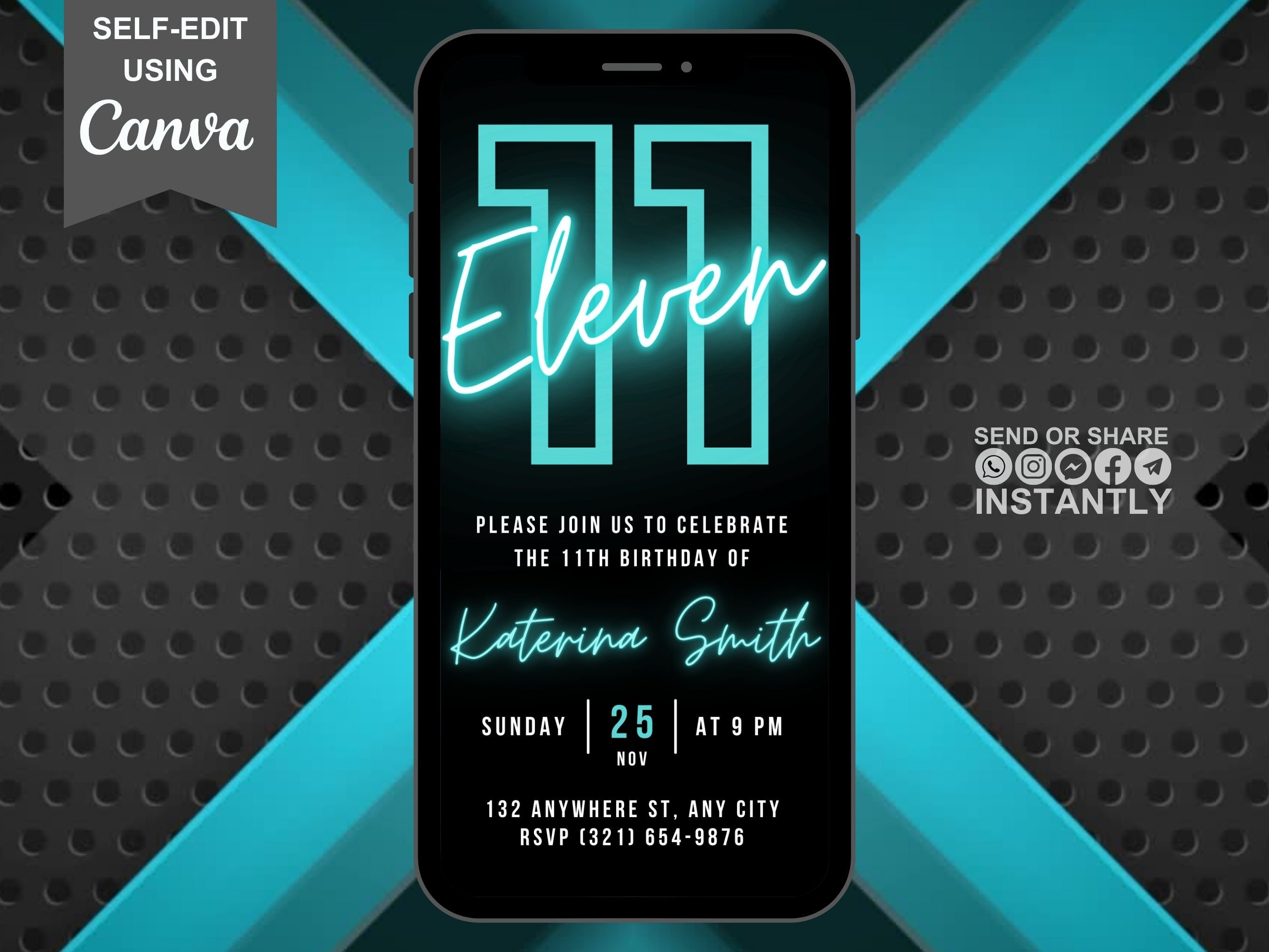 Digital 11th Birthday Party Blue Neon Invitation, Electronic Phone Text ...