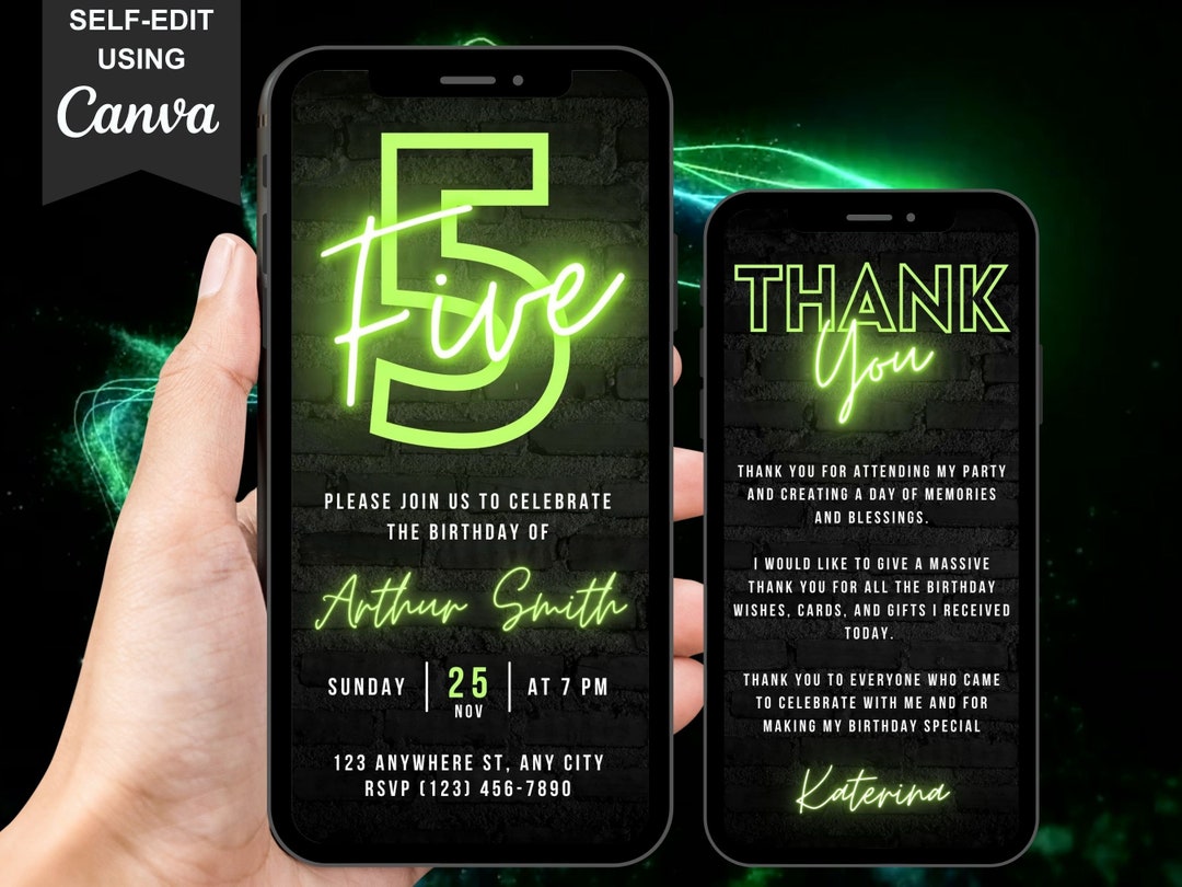 Digital 5th Birthday Invitation, Animated Green Neon Turning Five ...