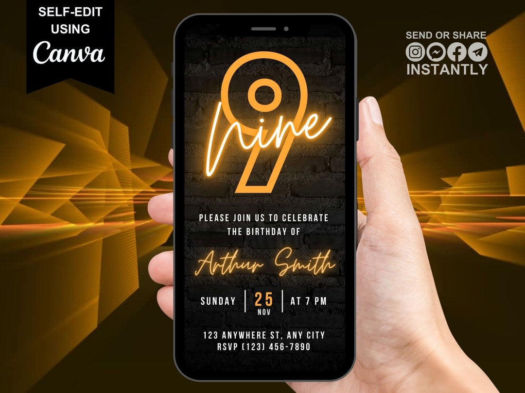 Digital 9th Birthday Party Invitation, Animated Orange Neon Nine ...