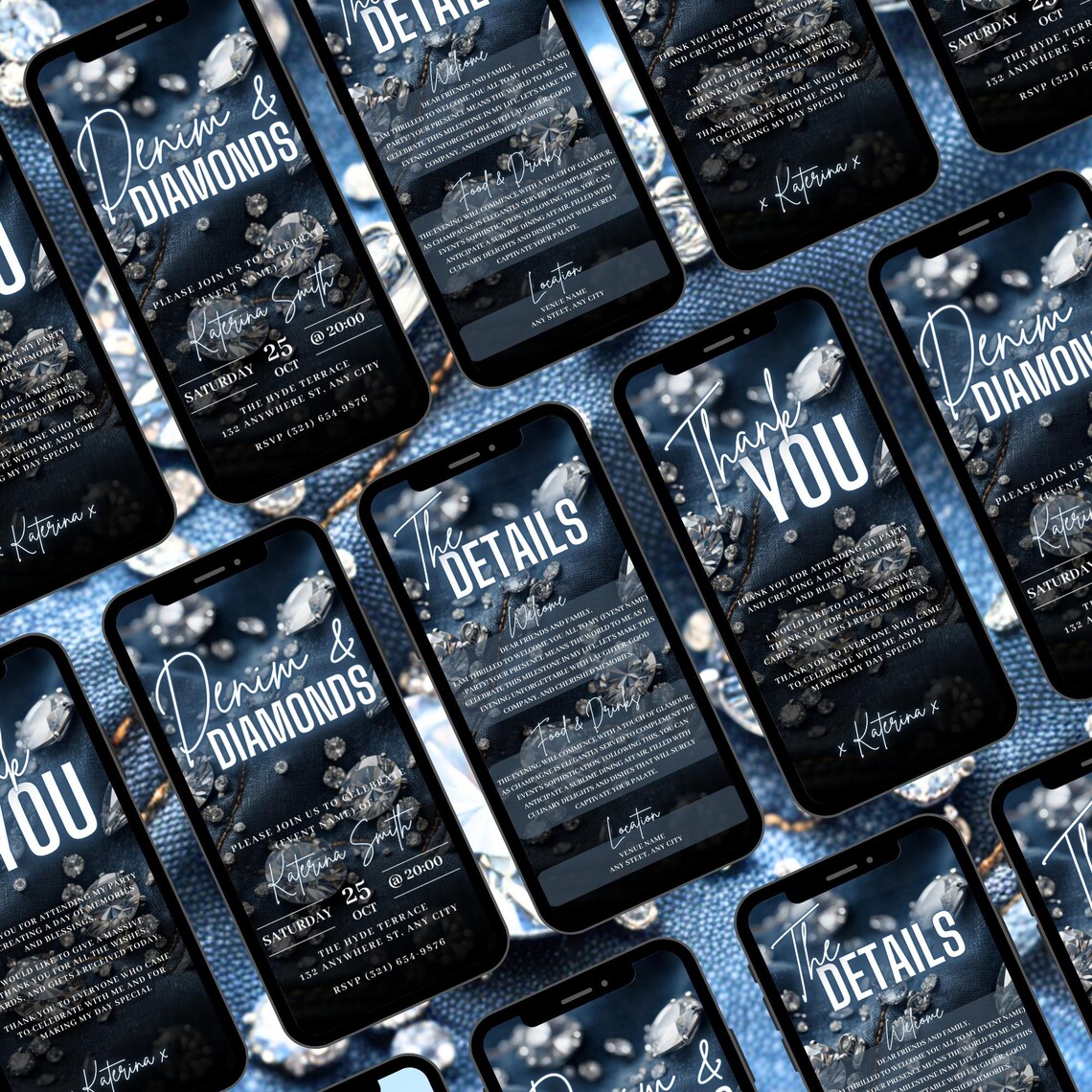 Digital Denim & Diamonds Flyer Invitation, Animated Birthday Dinner ...