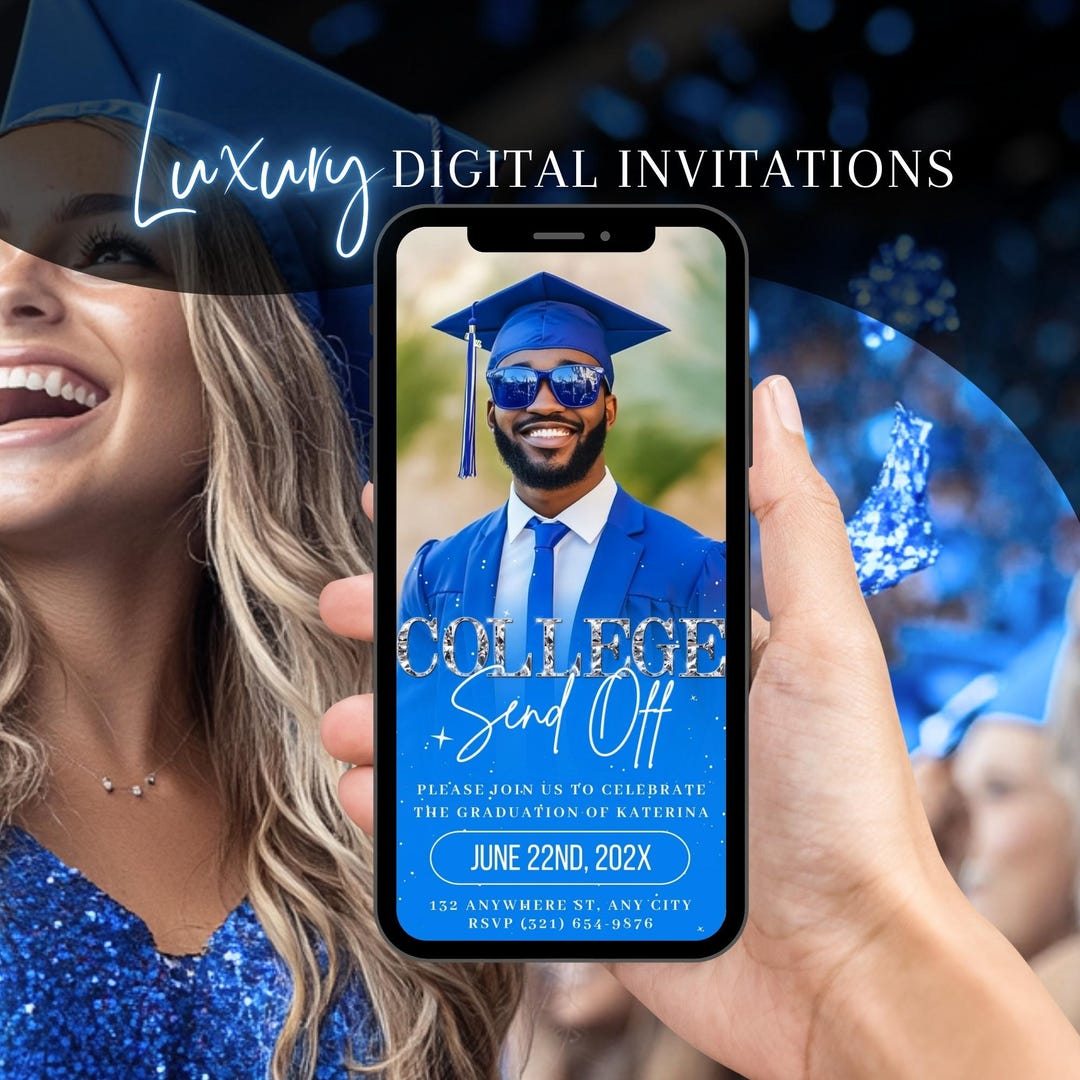 Blue College Send off Invitation, Digital Graduation Trunk Party Invite ...