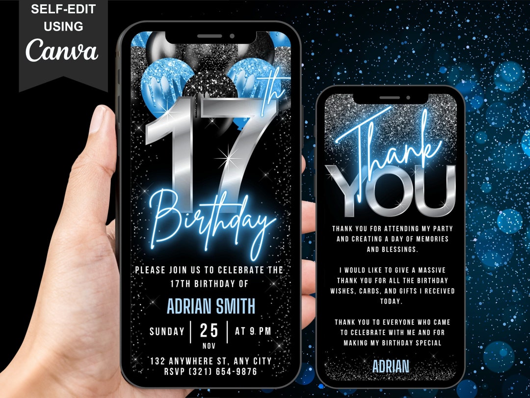 Digital 17th Birthday Invitation for Boys, Animated 17th Party Invite ...