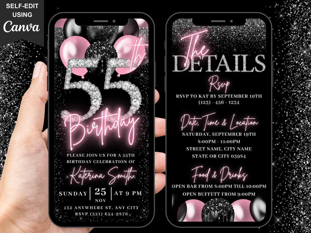 Digital 55th Birthday Invitation, Blush Pink Girls Fifty Fifth Diamond ...