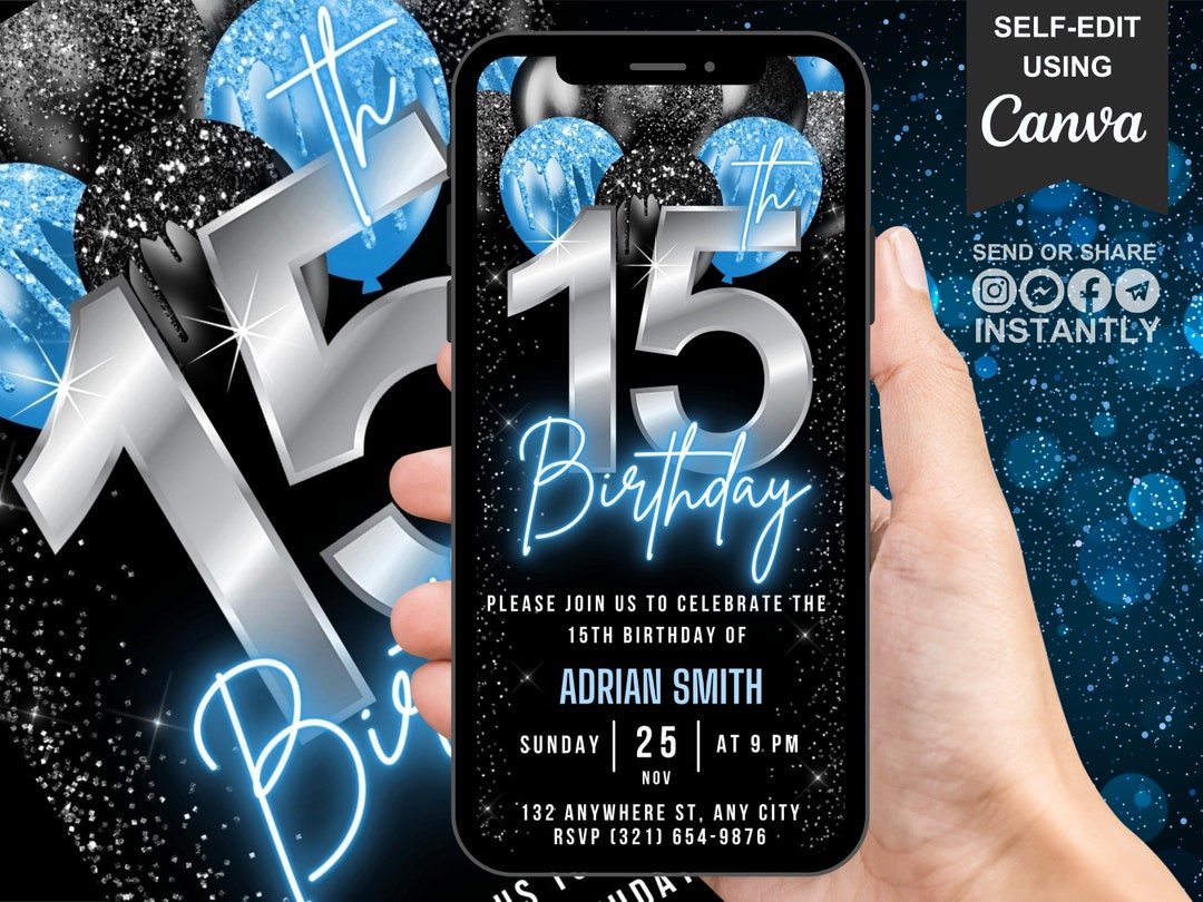 Digital 15th Birthday Invitation for Boys, Animated 15th Birthday ...