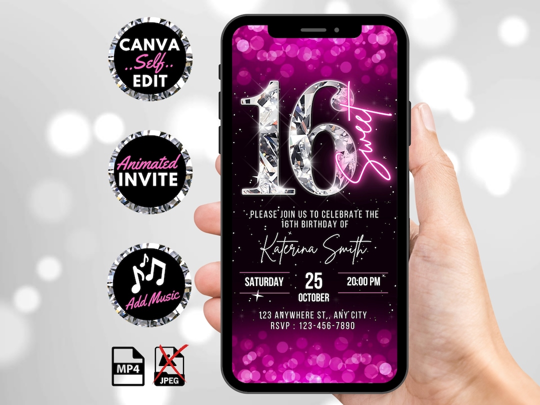 Digital Sweet Sixteen Invitation, Animated 16th Birthday Glitter Pink ...
