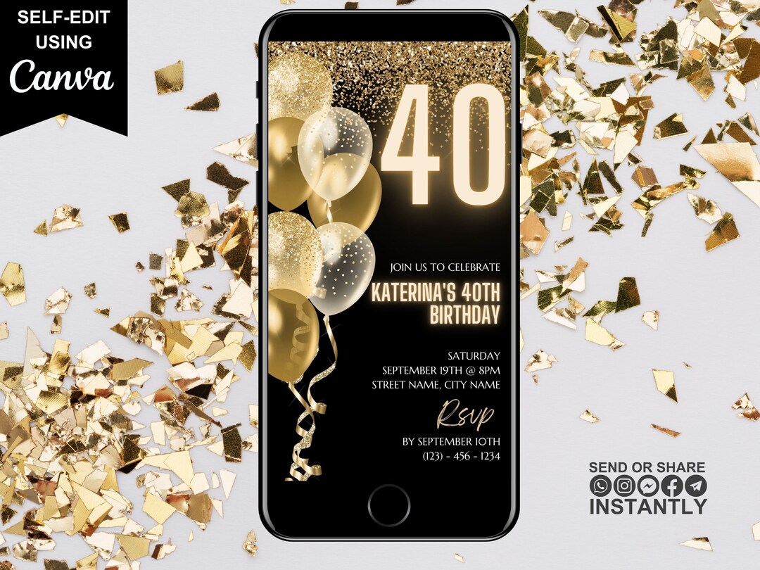 40th Digital Birthday Invitation, Electronic 40th Phone Party Invite ...