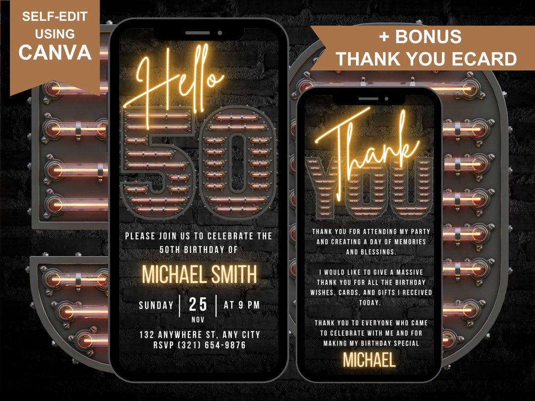 Digital Hello 50 Birthday Invitation for Him, 50th Virtual Marquee BBQ ...