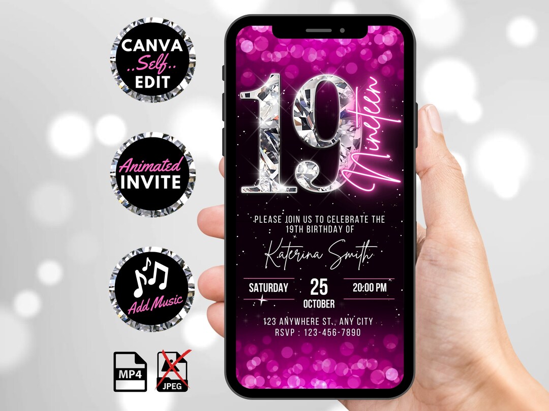 Digital 19th Birthday Invitation, Animated Hot Pink Nineteenth Party ...