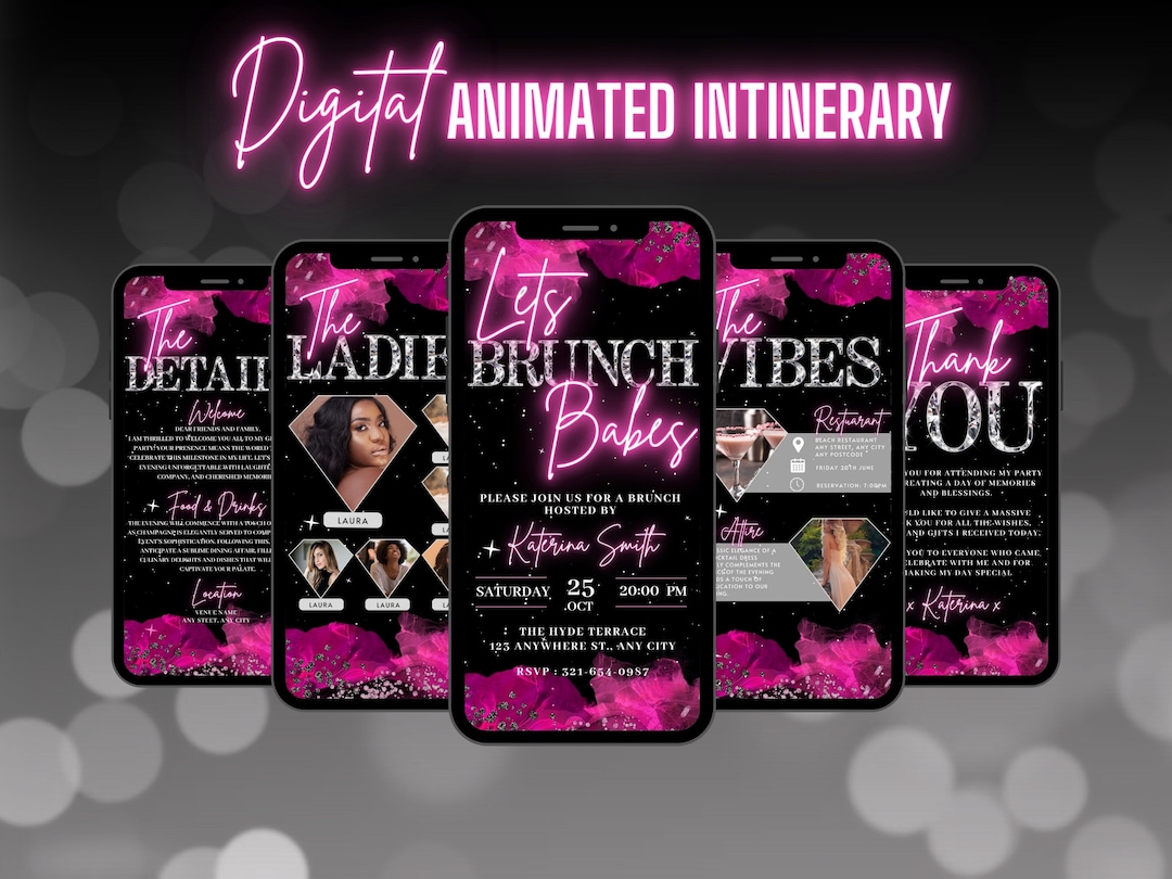 Digital Lets Brunch Babes Invitation, Animated Hot Pink Brithday Brunch ...