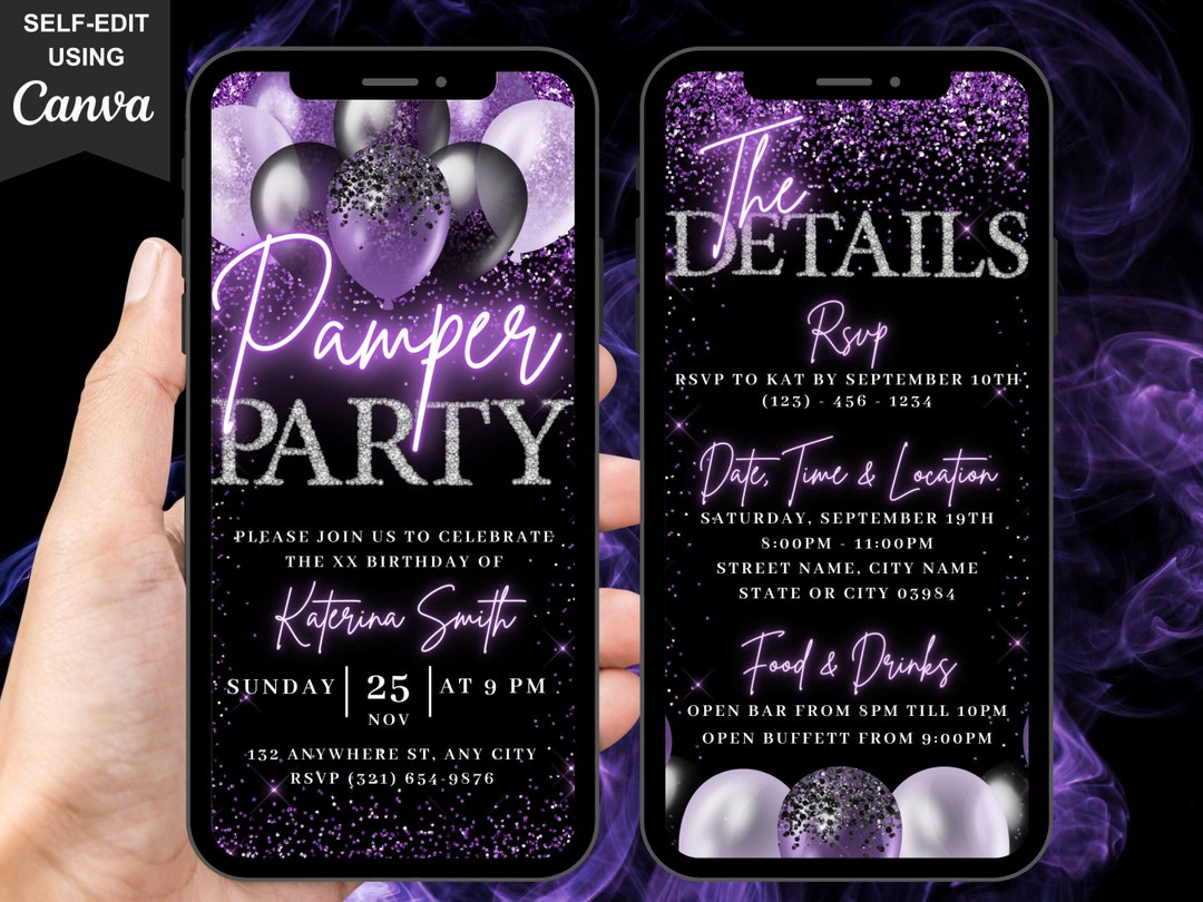 Digital Pamper Party Birthday Invitation, Purple Pajama Girls Sleepover ...