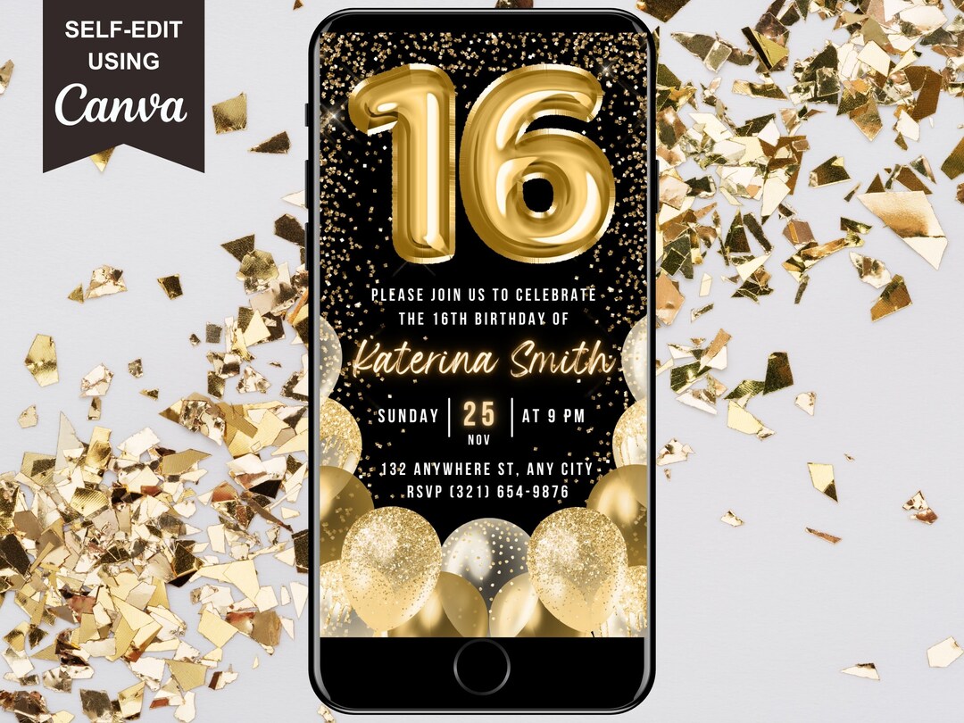 16th Birthday Digital Invitation, Electronic 16th Birthday Party Invite ...