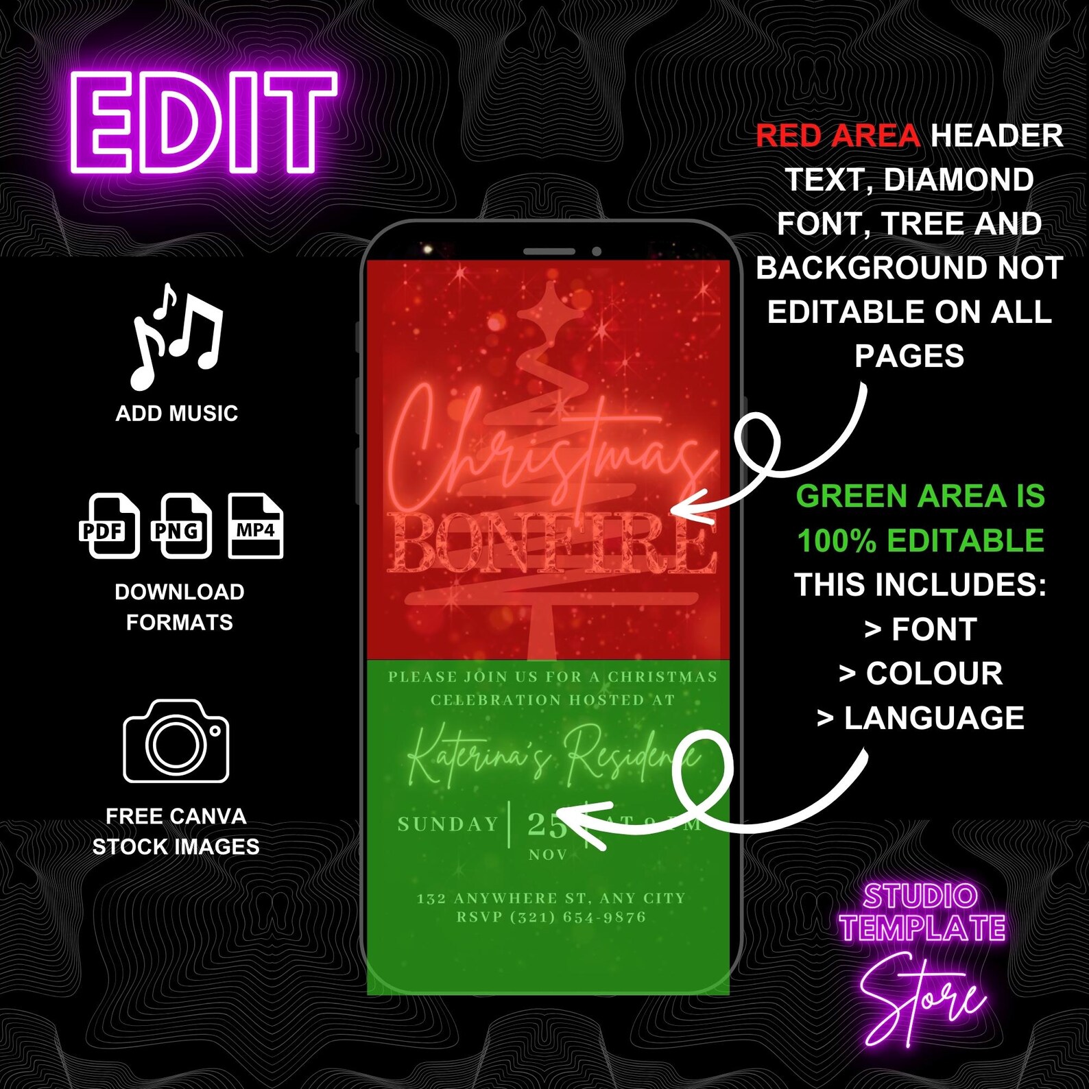 Digital Christmas Bonfire Invitation, Animated Xmas Party Video Invite ...