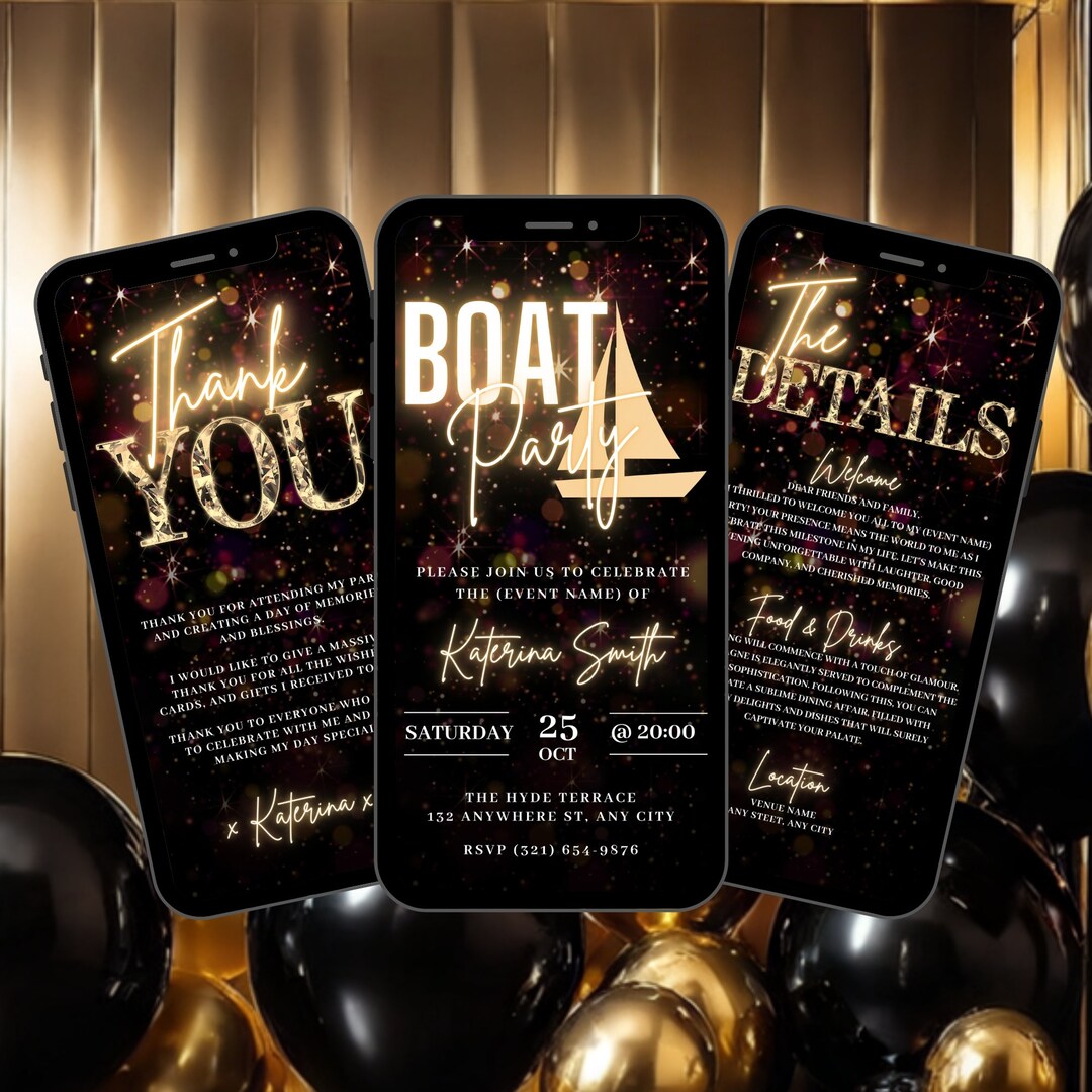 Digital Boat Party Invitation, Animated Yacht Party Invite, Black Gold ...