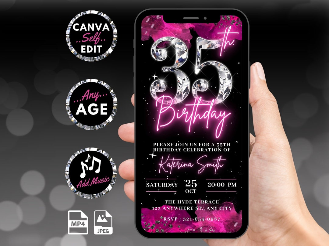 Digital 35th Birthday Invitation, Animated Hot Pink Womens 35 Glam ...