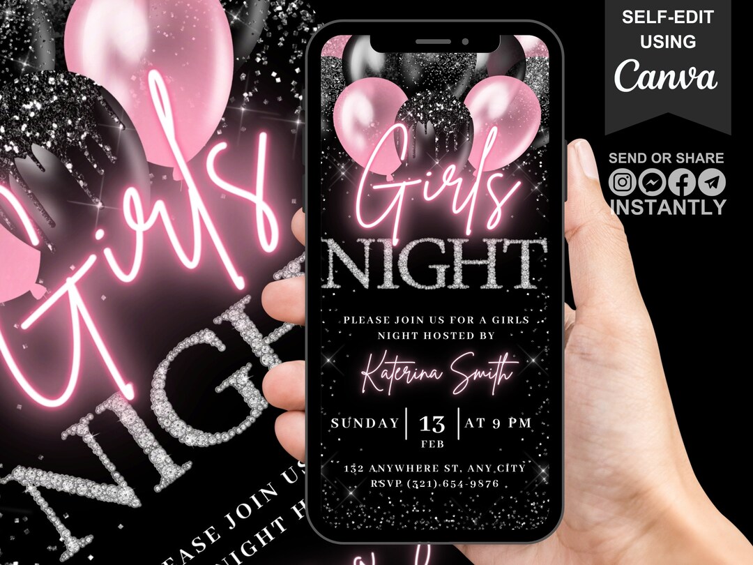 Digital Girls Night Out Invitation, Animated Fun Pink Birthday Invite ...