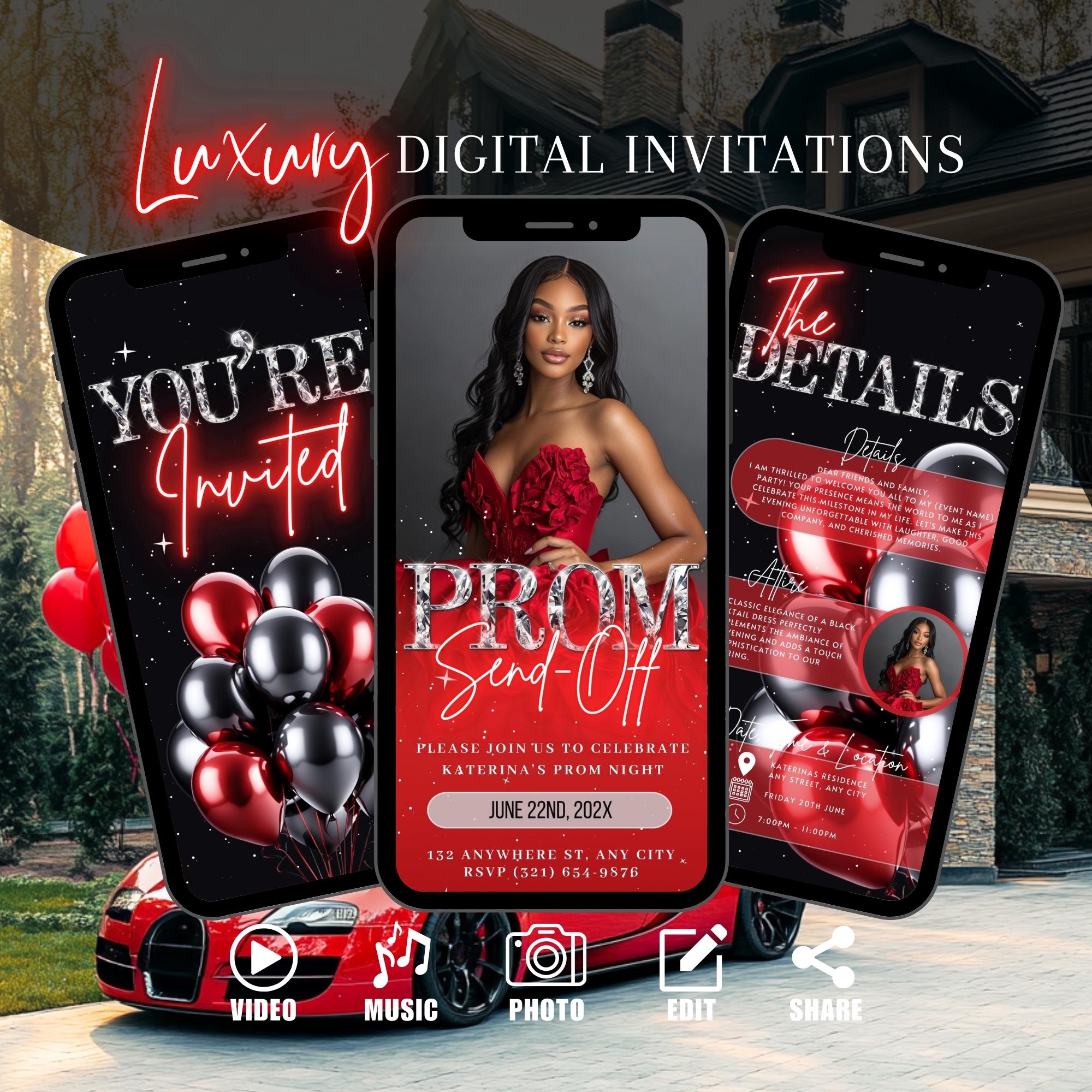 Digital Prom Send off Invitation, Red Glam Prom Party Invite, Animated ...
