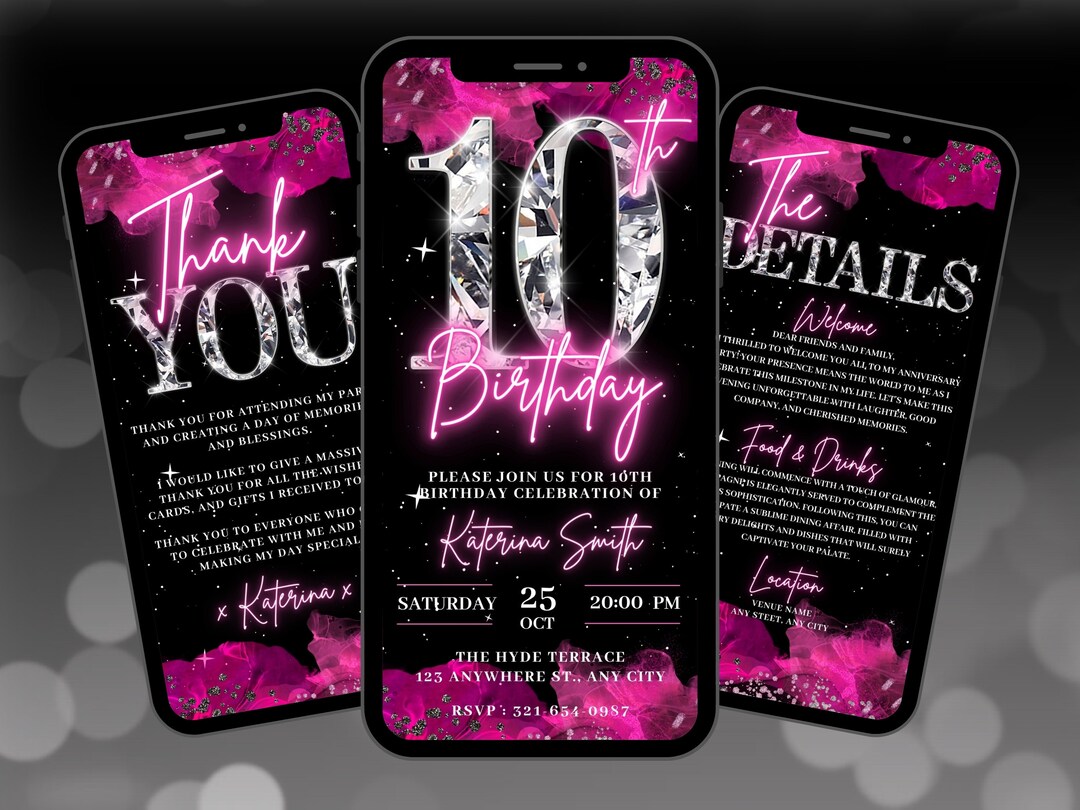Digital 10th Birthday Invitation, Animated Hot Pink Tenth Party Invite ...